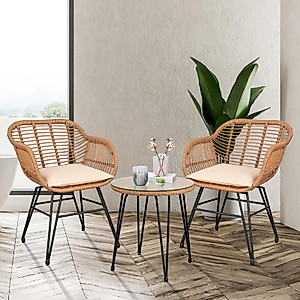 3 Piece Outdoor Wicker Conversation Bistro Set, All-Weather Outdoor Patio Furniture w/Table and Cushions, Porch Furniture Rattan Patio Set for Poolside Garden Backyard, Yellow/Beige