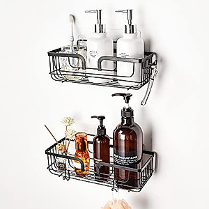 YOHOM Shower Caddy Organizer with 2 Hooks Strong Adhesive Shower Shelf for inside Shower No Drilling Rustproof Stainless Steel Bathroom Caddy Basket Shampoo Holder Storage Black 2pcs