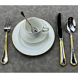 Luxury Silverware Set for 6, Retro Royal Palace Style Stainless Steel Flatware Cutlery with Gold-Plated Trim, 24-piece Eating Tableware for Wedding Home Kitchen Hotel Restaurant