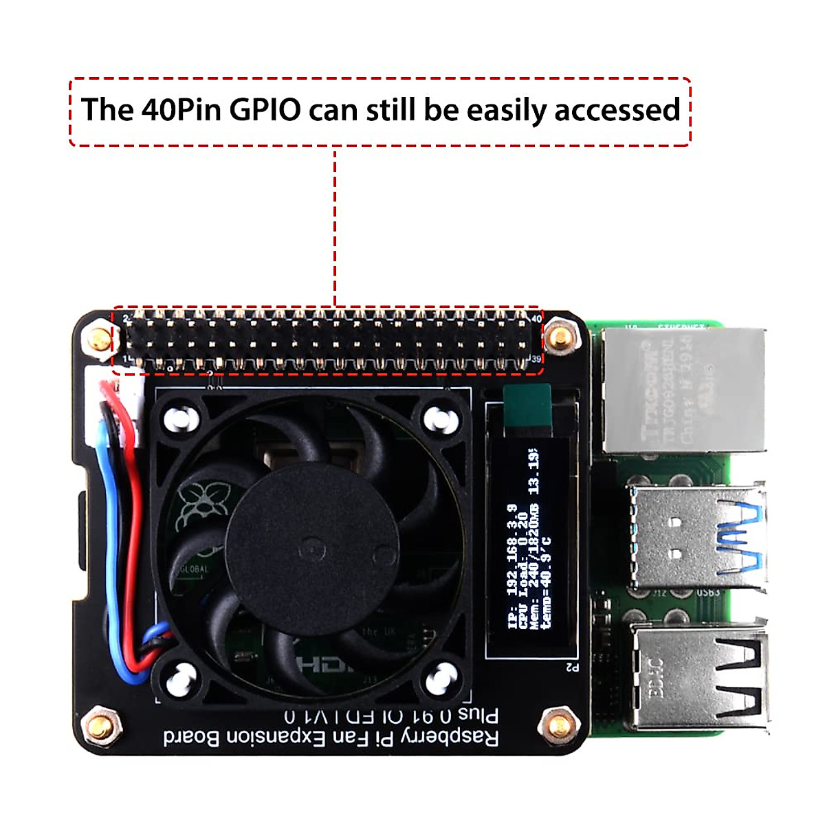 GeeekPi Fan Hat for Raspberry Pi 4 Model B, PWM Fan GPIO Expansion Board with 0.91inch OLED Display for Raspberry Pi 4B/3B+/3B/2B