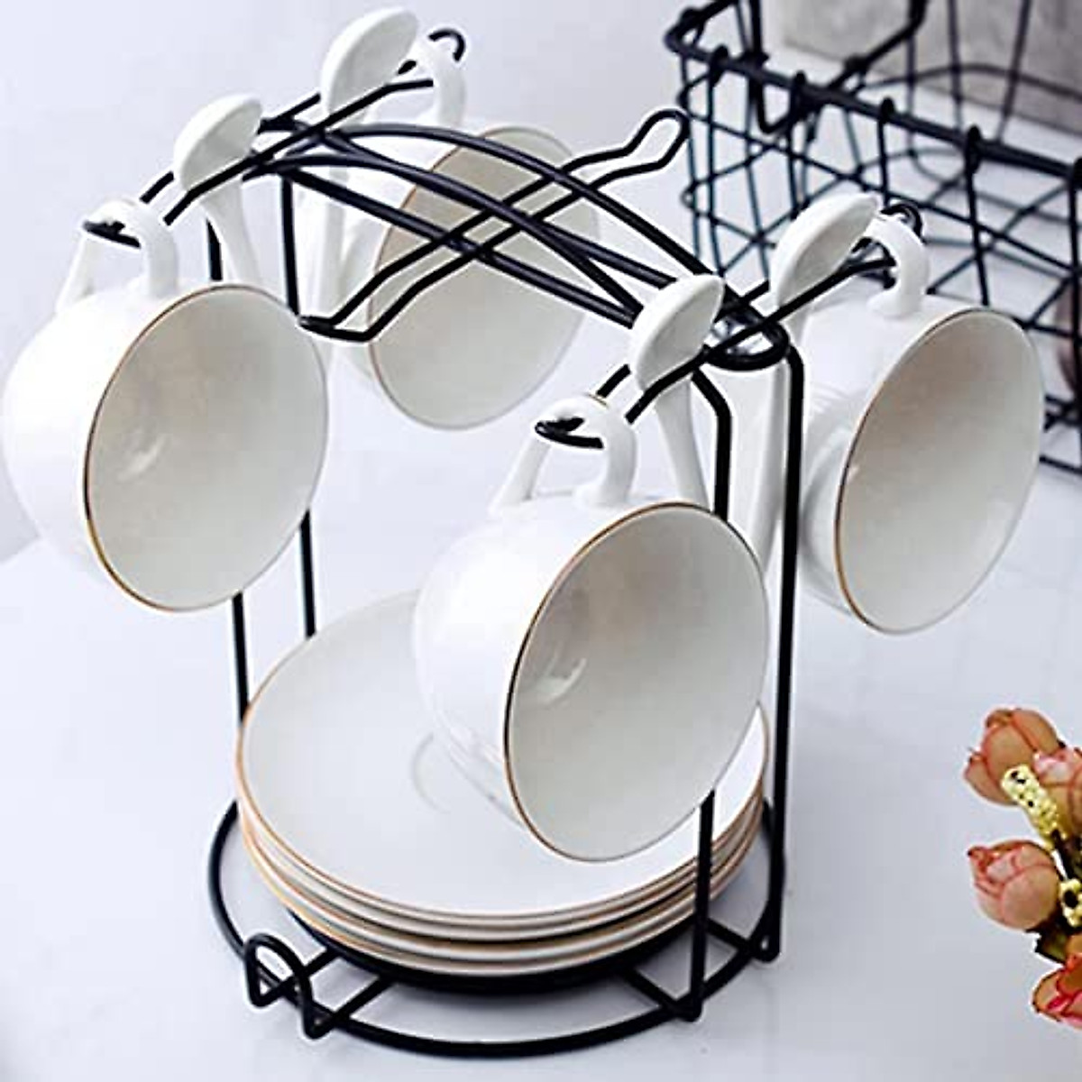 BUJIATANG 2 in 1 Tea Cup Holder Stand with Saucer Holder Stainless Steel Mug Tree Rack for 6 Mugs Metal Wire Coffee Cup Rack for Kitchen Black