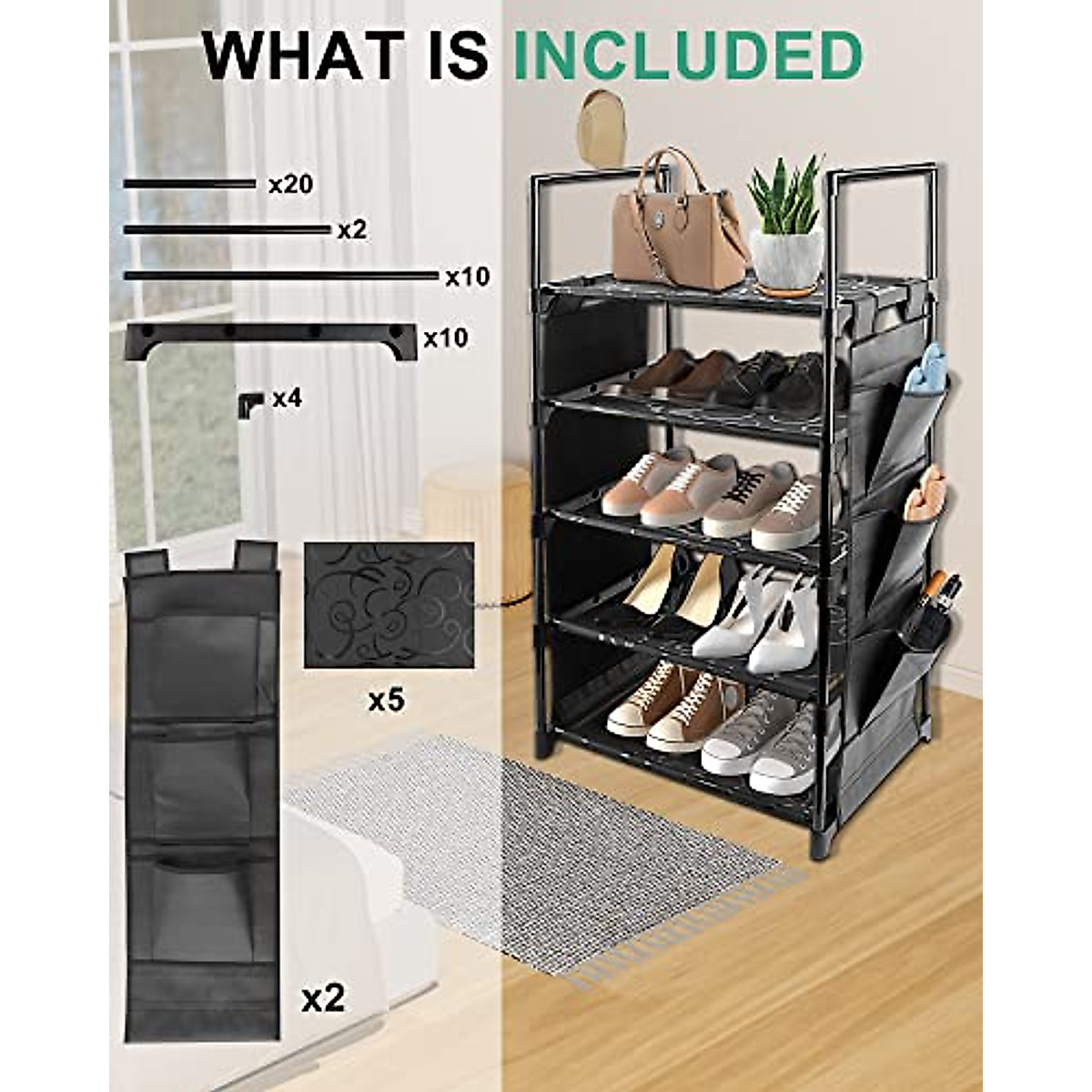 Moweallarge Shoe Rack 17-22 Pairs Stackable 5-Tier Shoes Rack Upgrade Compact Free Standing Shoes Rack with 6-Side Pockets for Small Narrow Space Closet Entryway Dorm Hallway