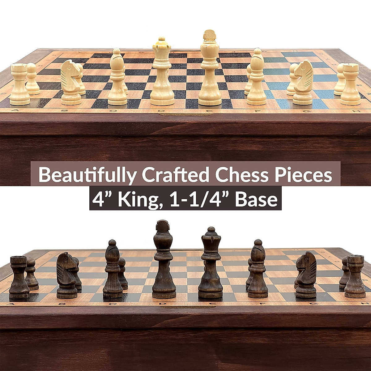 Sterling Games Wooden Chess Table | Chess, Checkers and Backgammon 3 in 1 Combo Game Table Furniture Set, 25" x 25", 4" King