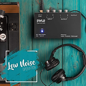Pyle Phono Turntable Preamp - Mini Electronic Audio Stereo Phonograph Preamplifier with 9V Battery Compartment, Separate DC 12V Power Adapter, RCA Input, RCA Output & Low Noise Operation (PP555) BLACK