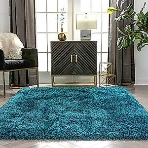 Well Woven Kuki Shag Chie Glam Solid Ultra-Soft Teal Shag 5'3" x 7'3" Area Rug