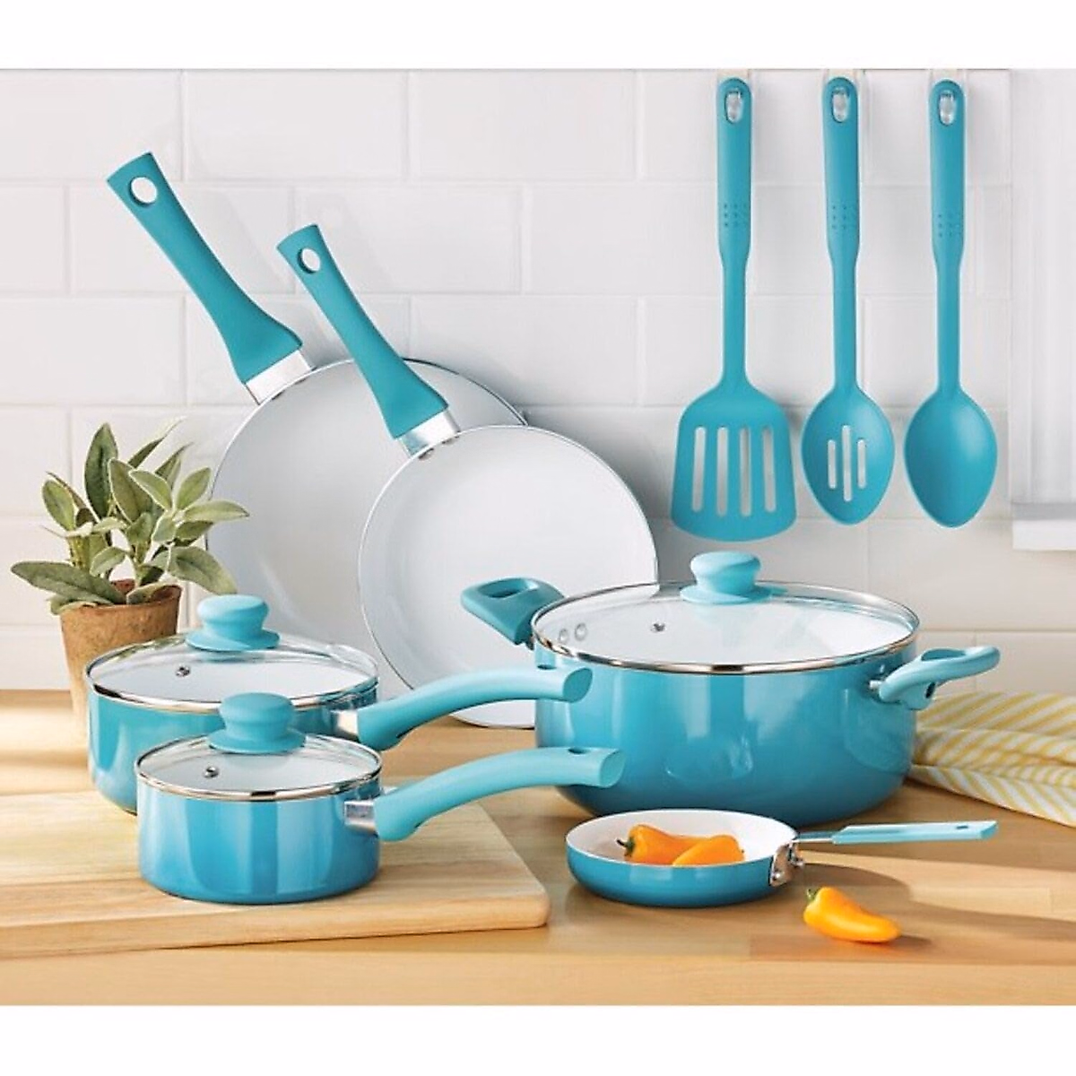 Mainstays Ceramic Nonstick 12pc Cookware set Teal