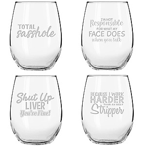 Set of 4 Crude & Rude Funny Wine Glasses (15 oz)- Novelty Glassware Gifts for Women- Hilarious Party, Event, Hosting Fun- Wine Lover Glass w/Funny Sayings- Birthday Wine Gift for Friends- Made in USA