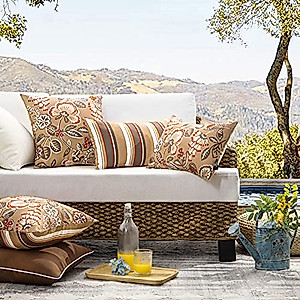 Phantoscope Pack of 2 Outdoor Indoor Throw Decorative Pillow Cover Decorative Waterproof Striped Floral Patio Pillows Cushion Case for Couch Tent Park, Light Coffee 18 x 18 Inches