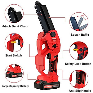 Mini Chainsaw Cordless 6-Inch With 2 Battery, Brushless Motor, 21V Rechargeable Battery, Power Chainsaw With Safety Lock, Handheld Mini Chainsaw, For Tree Trimming Wood Cutting