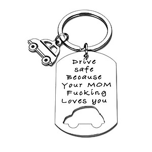 Funny New Driver Gift Drive Safe Your Mom Loves You Keychain for Son Daughter from Mom Dad Stocking Stuffer Trucker BFF 16th Birthday Gift Promise Keyring Valentine for Teens Adult Boys Girls Him Her