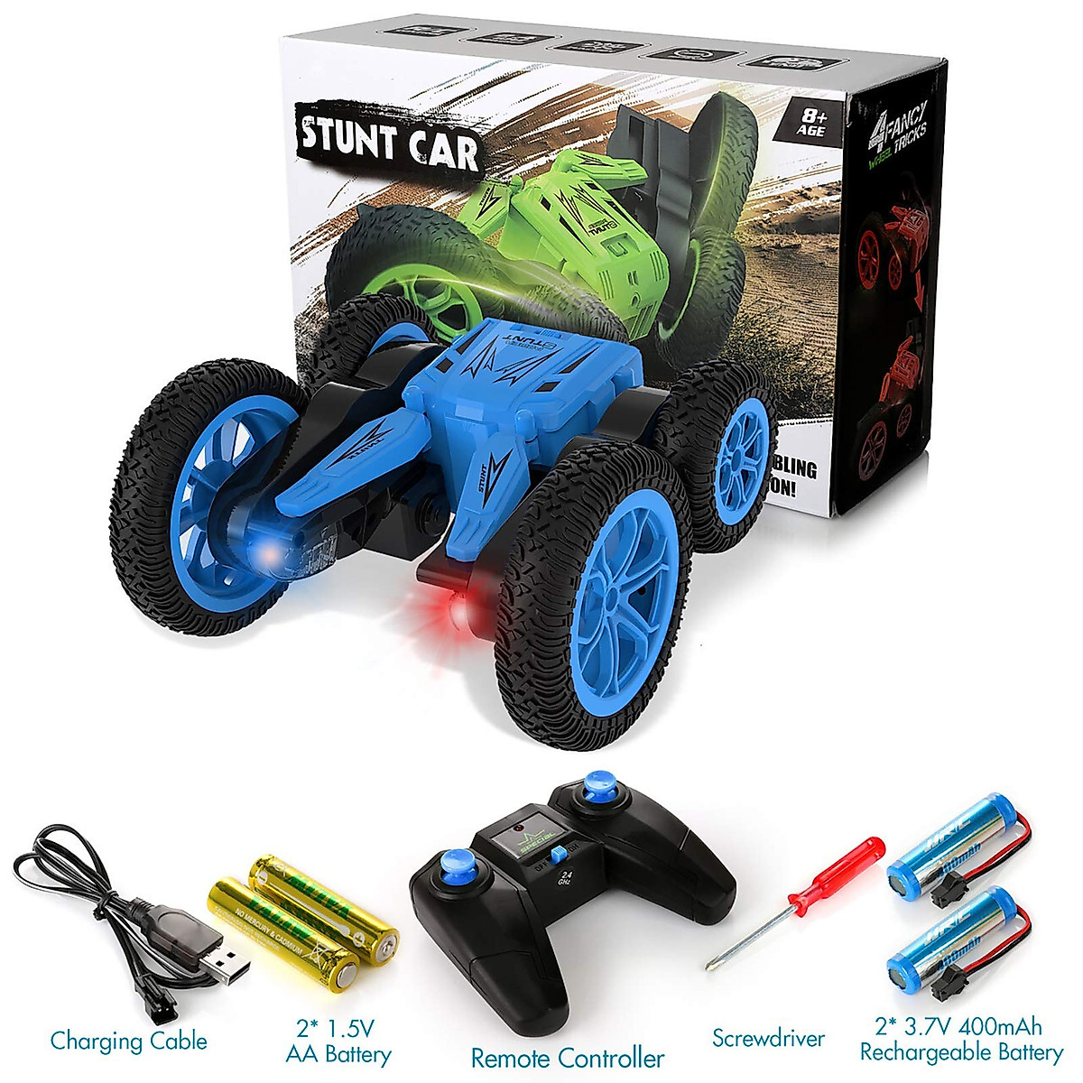 Batlofty Stunt Car Toy, 4WD 2.4Ghz Remote Control Car Double Sided Drive 360° Rotating & Tumbling RC Cars, High Speed, Cool Lights, Off-Road Racing Vehicle Gift Toy Cars for 8+ Girls and Boys, Blue