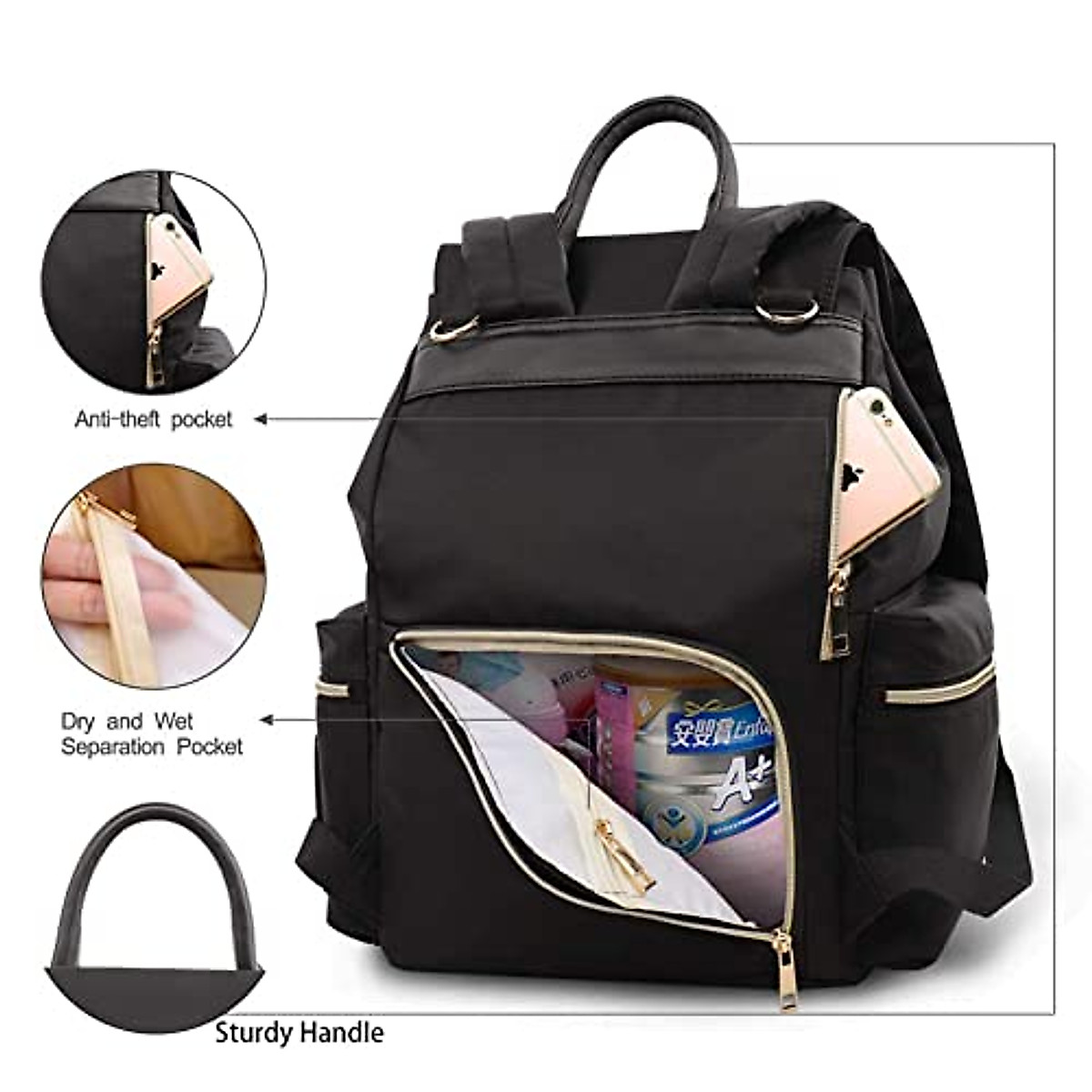 Baby Diaper Bag Backpack with Stroller Hooks, Pipi bear Multi-function Stylish Travel Diaper Back Pack for Mom and Dad, Baby Changing Bag, Maternity Nappy Bag for Boys and Girls, Large Capacity, Black