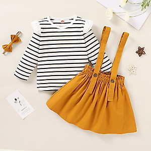 YOUNGER STAR Toddler Baby Girl Fall Outfits Long Sleeve T-shirt Top Suspender Skirt Overalls Toddler Girls Clothing Sets(2-3T,Yellow & T-shirt)