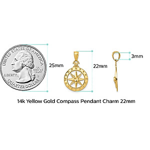 Solid 14k Yellow Gold Diamond-cut Compass Pendant Charm 22mm - Jewelry Gifts For Women Wife Mom Gifts For Men Husband Dad