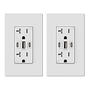 ELEGRP 30W 6.0 Amp 3-Port USB Wall Outlet, 20A Receptacle with Dual USB Type C & Type A Ports, USB Charger for iPhone/iPad/Samsung/LG/HTC/Android Devices, UL Listed, w/ Wall Plate, 2 Pack, Matte White