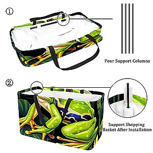 Reusable Grocery Bags Boxes Storage Basket, Red Eye Frog Pattern Collapsible Utility Tote Bags with Long Handle