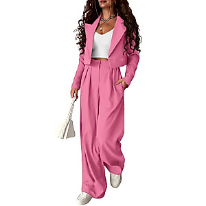 PRETTYGARDEN Women's 2 Piece Casual Outfits Cropped Blazer Jackets High Waisted Wide Leg Work Pants Suit Set (Pink,Medium)