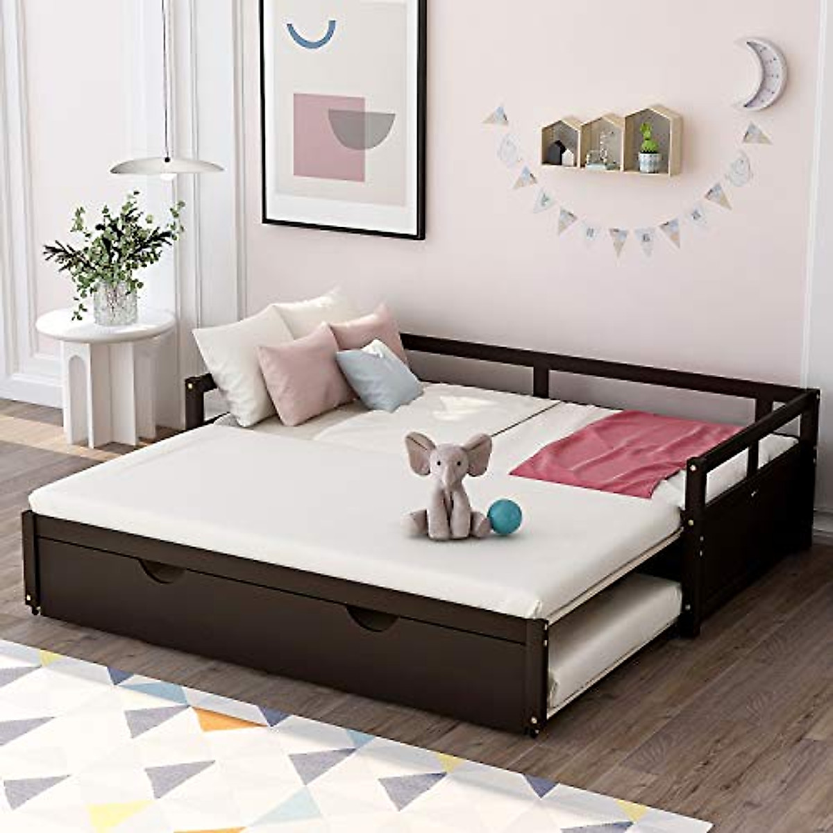 RUNWON Twin to King Extendable Daybed with Trundle,Wooden Platform Bed Furniture for Bedroom