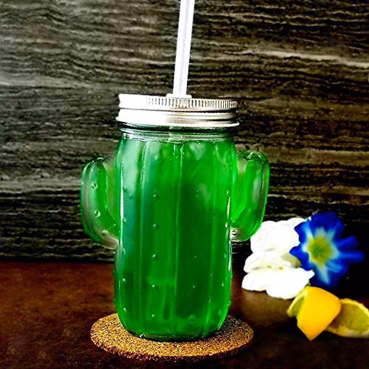 Cactus Mason Jar Glass - W/Lid