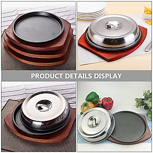 Cabilock Cast Iron Steak Plate Metal Sizzle Griddle with Wooden Base and Cover Foodservice Platter Steak Pan Grill Server Plate for Household Restaurant