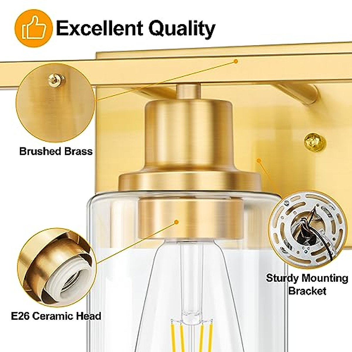 3-Light Brushed Gold Bathroom Light Fixtures, Brushed Brass Vanity Light Fixture Modern Bath Wall Sconce Lighting Wall Mount Lights Over Mirror with Clear Glass Shade for Living Room Bedroom Hallway