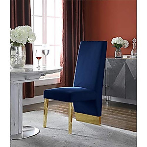 Meridian Furniture Porsha Collection Modern | Contemporary Dining Chair with Deep Channel Tufted Back and Sturdy Metal Legs, Set of 2, 19.5" W x 27" D x 42" H, Navy Velvet Upholstered
