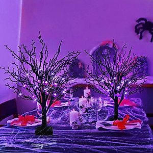 [ 2 Pack & Timer ] 24 Inch Prelit Halloween Black Tree Halloween Decorations Artificial Spooky Tree Battery Powered Total 48 LED Purple Lights DIY 25 Spider & 25 Bat Tabletop Indoor Home Party Decor