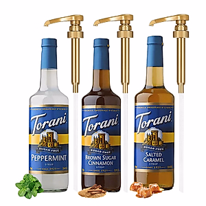 Winter Flavors Sugar-Free Syrup Elixir Trio - Brown Sugar Cinnamon, Peppermint & Salted Caramel Coffee Syrup Flavoring Variety Pack with 3 Jimoco Pump Dispensers- Perfect for Lattes, Cocktails, and Desserts - Three 25.4 Oz Bottles