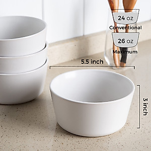 AmorArc Stoneware Cereal Bowls Set for Kitchen, 26 ounce Ceramic Soup Bowls Set of 6 for Snacks Soup Cereal Breakfast, Chip-Resistant Bowls, Matte white