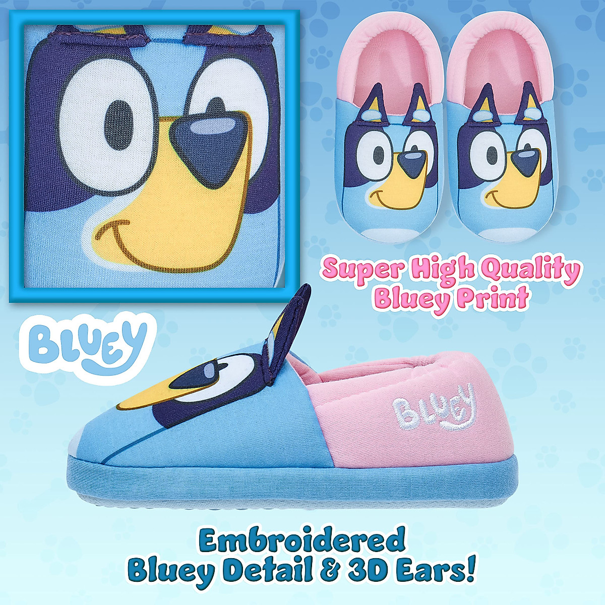 Bluey Shoes Kids Slippers Girls 3D Non-Slip Children Warm Slippers Boys Girls, (Blue/Pink, 12.5)