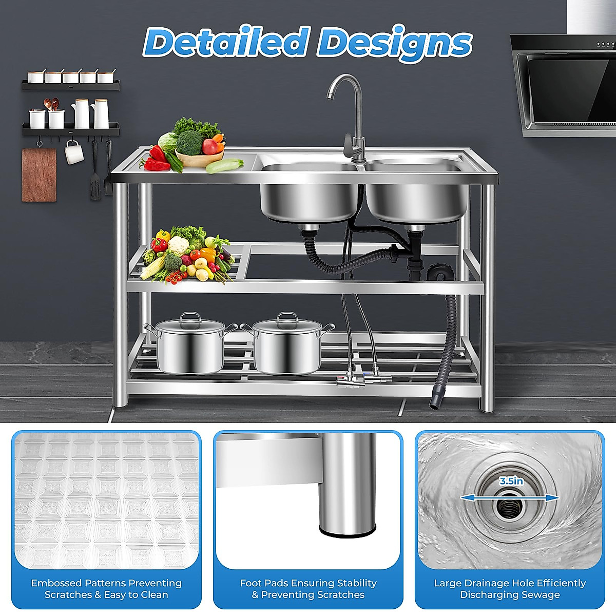 Commercial Kitchen Sink, 2 Compartment Stainless Steel Sink, Freestanding Restaurant Sink, Food Preparation Table & Multi-functional Sink, For Restaurants, Kitchens, Outdoor, Indoor…