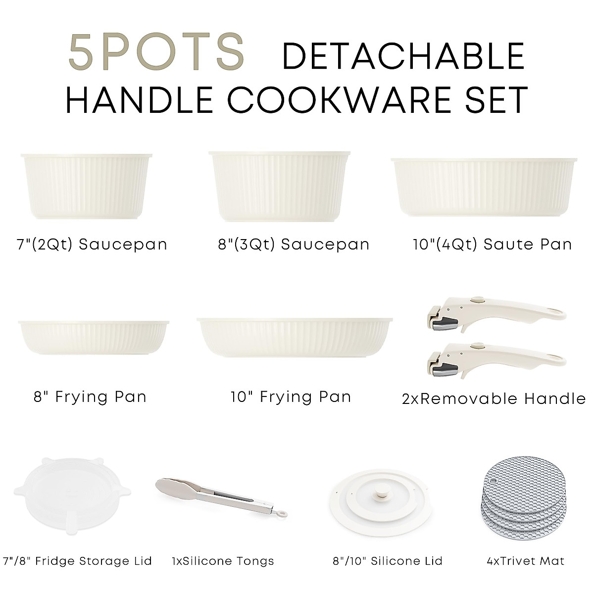 Caannasweis Detachable Nonstick Cookware Set - Stackable Induction Pots and Pans With Removable Handles, Dishwasher Safe - For RV Camping, Oven and Stovetop Use, 5 Pieces (Cream)