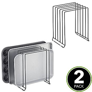 mDesign X-Large Steel Storage Tray Organizer Rack for Kitchen Cabinet, Divided Holder - 5 Slots for Skillets, Frying Pan, Pot Lids, Cutting Board, Baking Sheets, Concerto Collection, 2 Pack, Dark Gray