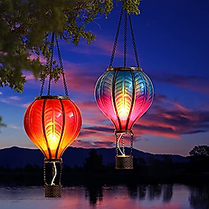TERESA'S COLLECTIONS 2 Pack 18 Inch Hanging Solar Lantern Outdoor Garden Decor, Waterproof Hot Air Balloon Flame Effect Lantern Decorative Flickering Solar Lights for Lawn Porch Tree Yard Decorations