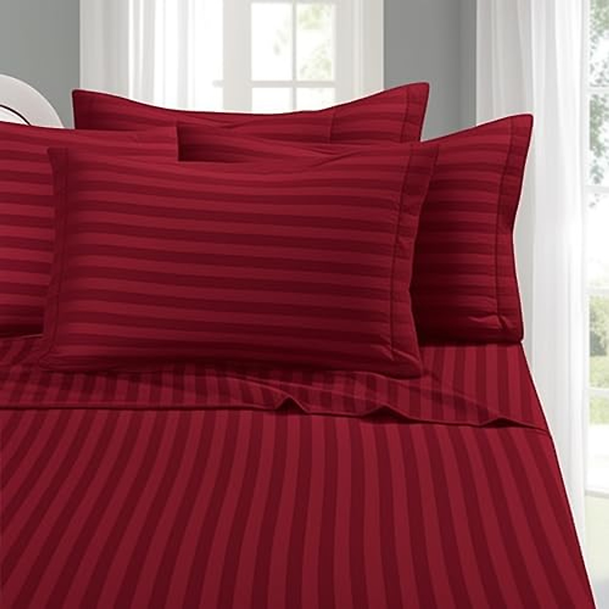 Cotton California King Size Sheets, 4 Piece Set, Deep Pocket up to 16", Sheet & Pillowcase, Hotel Bed Sheet, Breathable & Cooling, Wrinkle Free, Extra Soft, Easy Fit(Striped,Burgundy,California King)