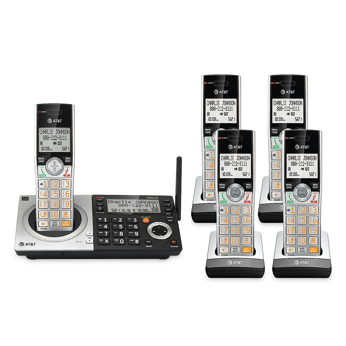 AT&T CL83507 DECT 6.0 5-Handset Cordless Phone for Home with Dual Keypad Base, Answering Machine, Call Blocking, Caller ID Announcer, Intercom and Long Range, Silver/Black