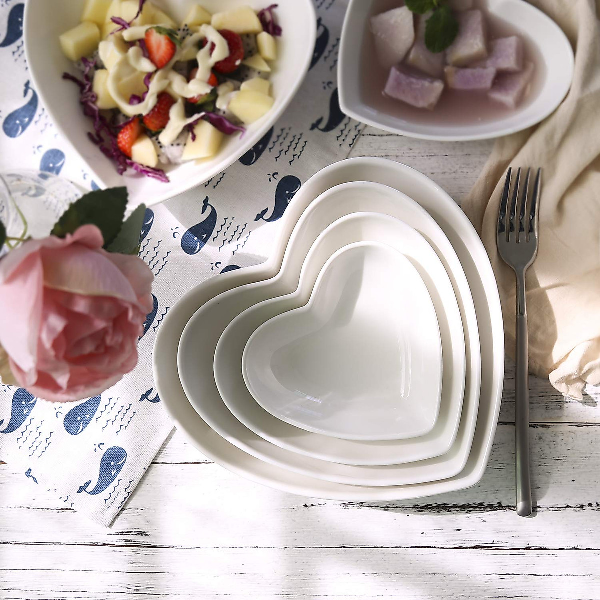 Keponbee Heart Bowls Porcelain 2pcs White Heart-shaped Bowl Dessert Bowls/Salad Bowl 7 inch, 20OZ