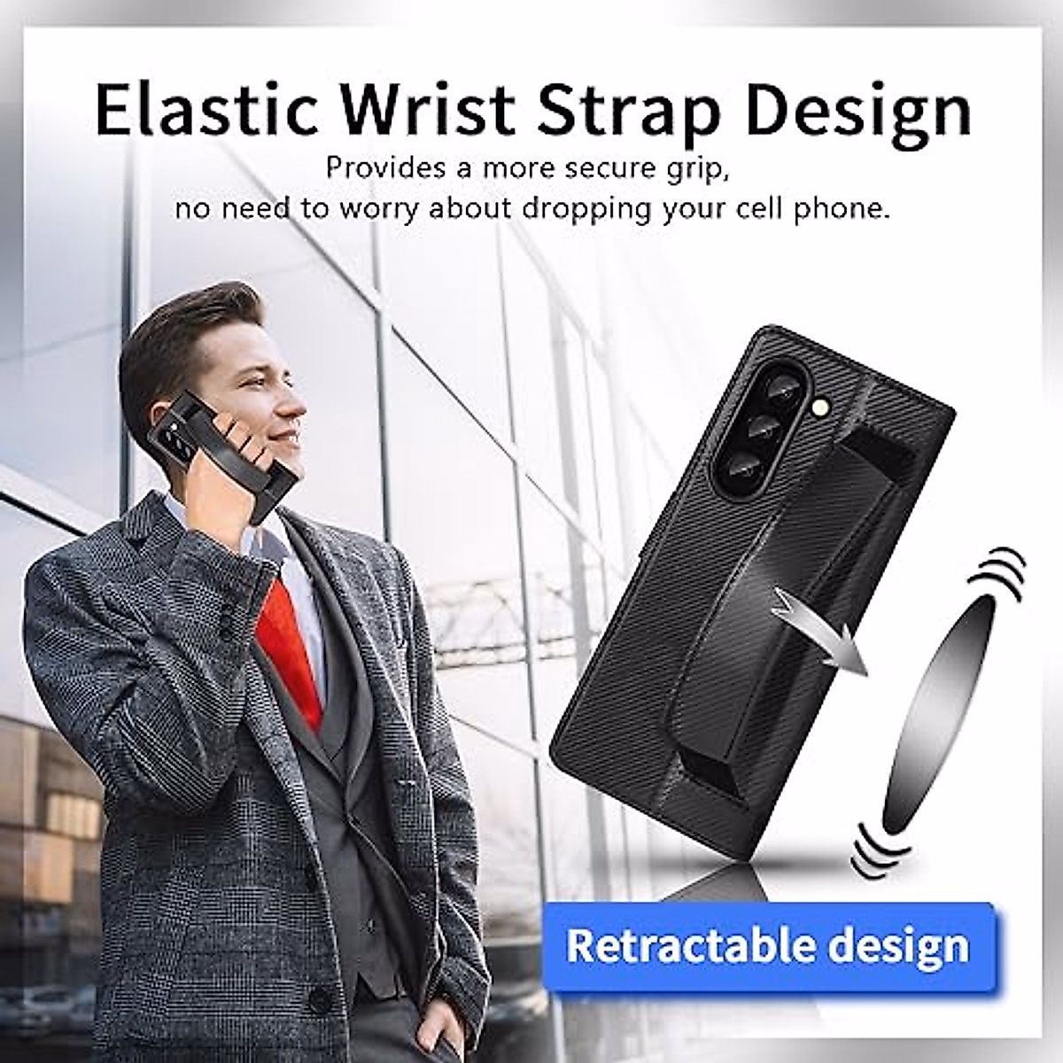 Mansoorr for Samsung Galaxy Z Fold 5 Wallet Case with S Pen Holder [Elastic Wrist Strap] [Carbon Fiber Texture Leather] Kickstand Card Holder Slots Protective Flip Folio Phone Cover 7.6" 2023 - Black