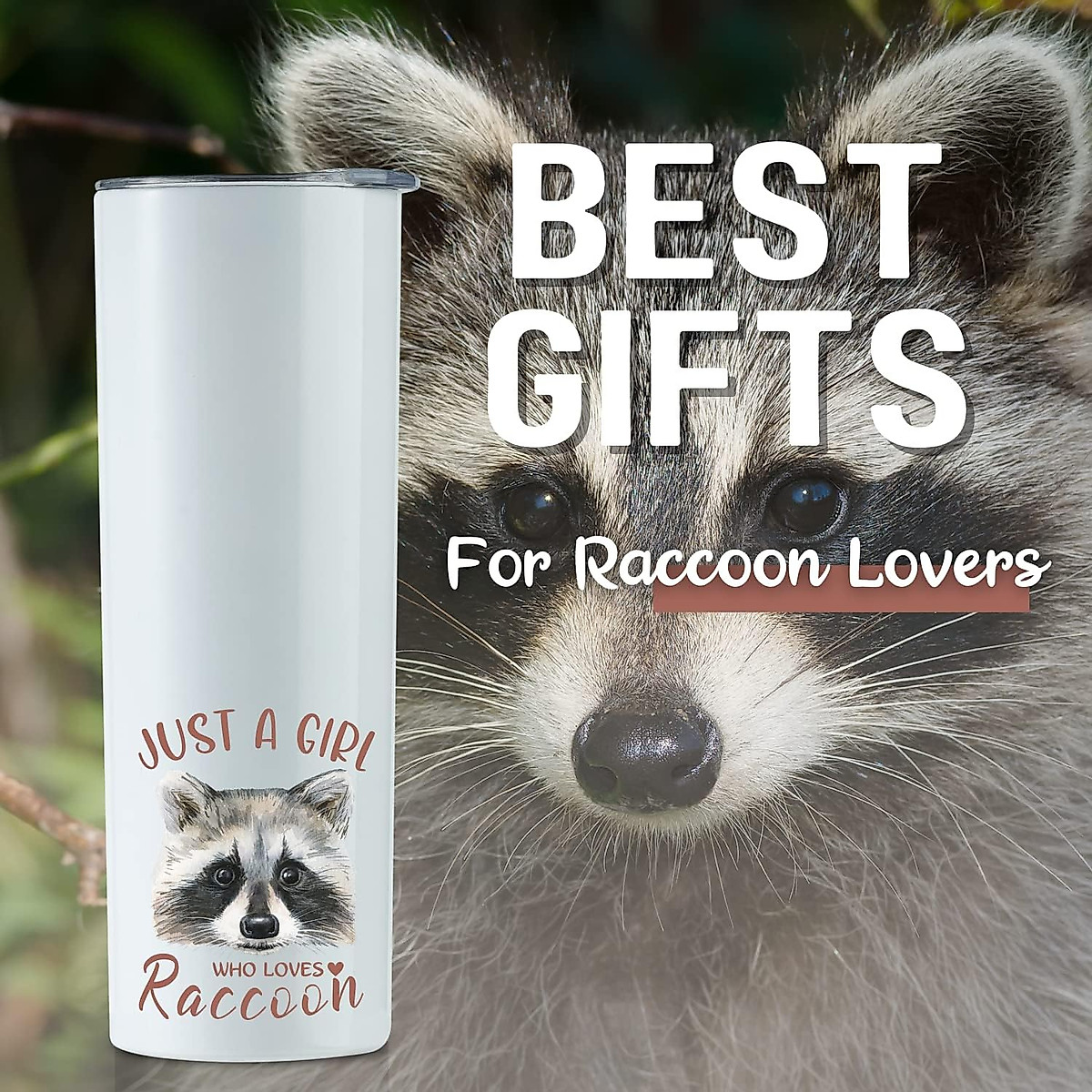 Onebttl Raccoon Gifts for Women, Insulated 20 oz Stainless Steel Skinny Tumbler with Straw, Brush, Lid, and Gifts Box, Just A Girl Who Loves Raccoon