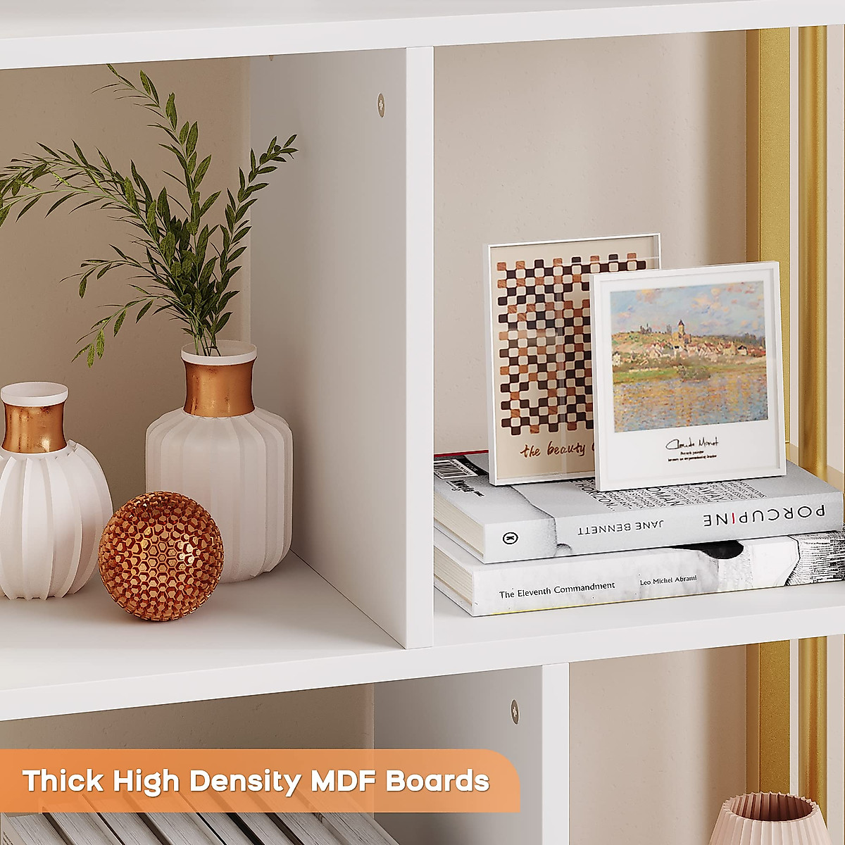 Amyove Gold Bookshelf with Drawers Modern Bookcase Storage Rack Shelf Tall Standing Bookshelves Metal Frame Large Display Racks Book Shelf for Bedroom, Living Room, Home Office, White/Gold