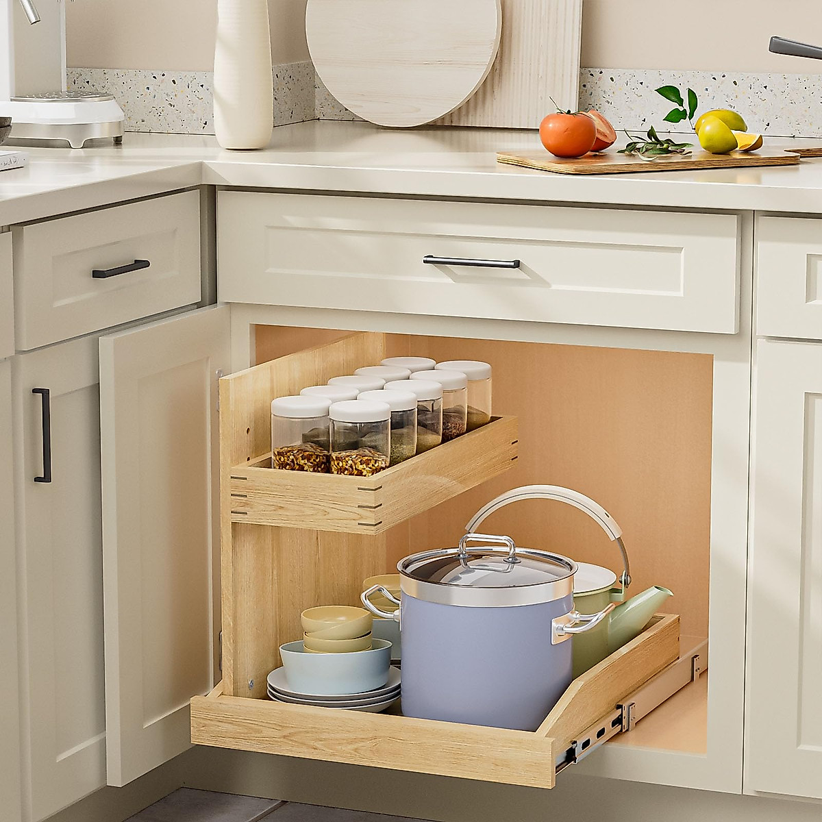 LOVMOR Soft Close Under Sink Organizer 22½” W x 21” D, Pull Out Cabinet Organizer with U Bracket, 2 Tier Slide Out Shelf for Kitchen Bathroom Sink(Left)