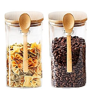 Unbreakable Glass Jars,1400ml/47oz Glass Kitchen Canisters Set of 2 with Airtight Bamboo Lid and Spoon,Glass Food Storage Containers for Coffee Beans, Flour, Sugar, Cookie,Pasta,Tea Leaf and More