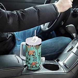 Elephants Peacocks Turquoise 40 oz Tumbler with Lid and Straw Insulated Tumblers with Handle Travel Coffee Mug Cup Large Water Bottles Cup for Men Women Sports Gym