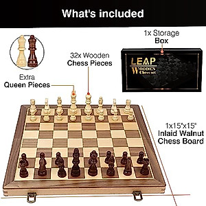 LEAP Wooden Chess Sets - 15" Walnut & Maple Folding Chess Board with with 2 Extra Queens | Wooden Chess Set | Chess Board Set | Chess Sets for Adults | Chess Sets for Adults & Kids