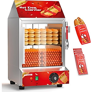 WantJoin Hot Dog Steamer, 2 Tiers Electric Hot Dog Steamer with Bun Warmer 27 L/24.52 QT, Visuable Glass Slide Doors Suit for 175 Hot Dogs and 40 Buns, Red
