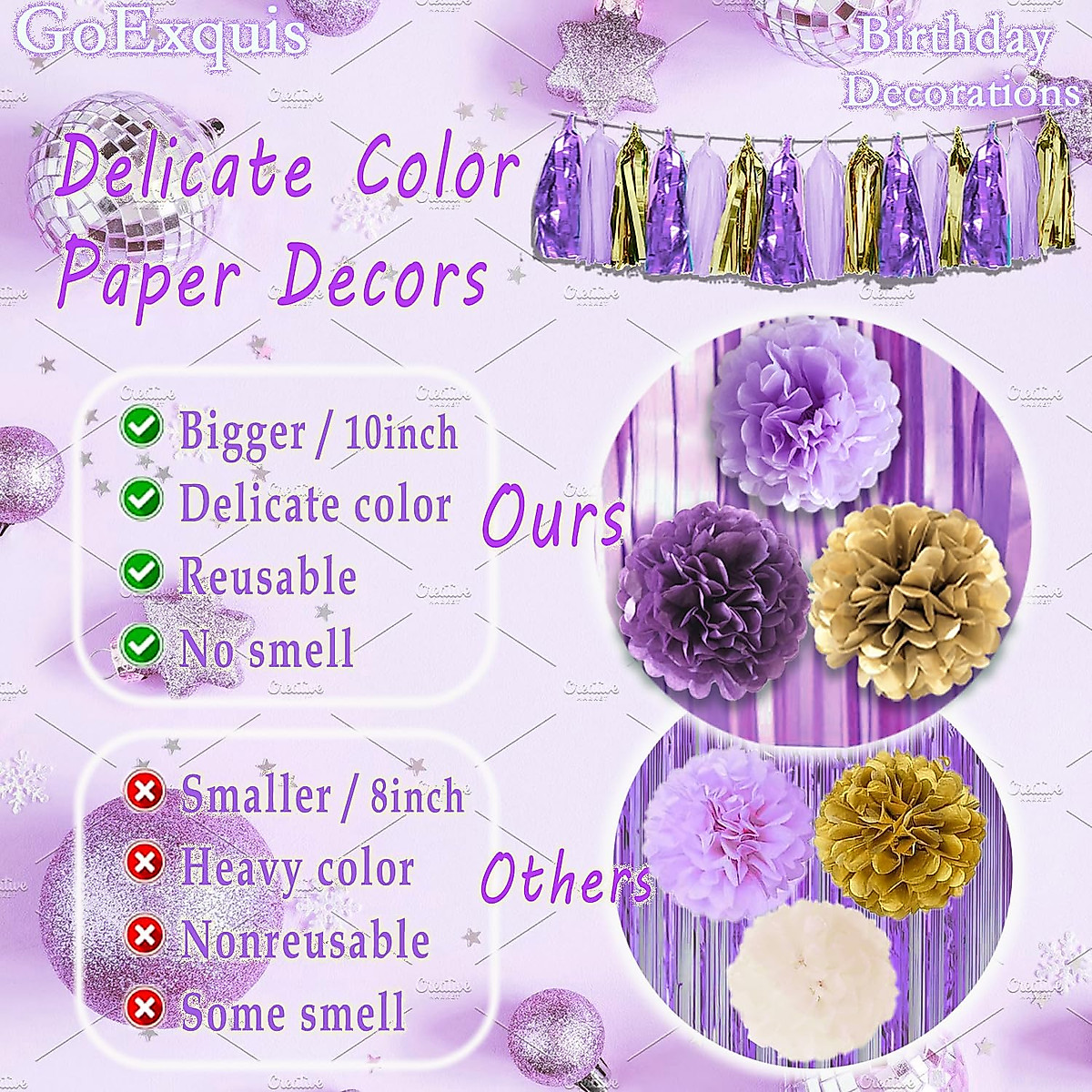 GoExquis Purple Violet Gold Birthday Decorations for Women Girls Butterfly Decor Cake Topper Hanging Swirls Foil Curtain Tassel Garlands Paper Pom Poms Happy Birthday Banner Balloons