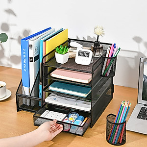 Marbrasse Desk Organizer with File Holder, 5-Tier Paper Letter Tray Organizer with Drawer and 2 Pen Holder, Mesh Desktop Organizer and Storage with Magazine Holder for Office Supplies (Black)