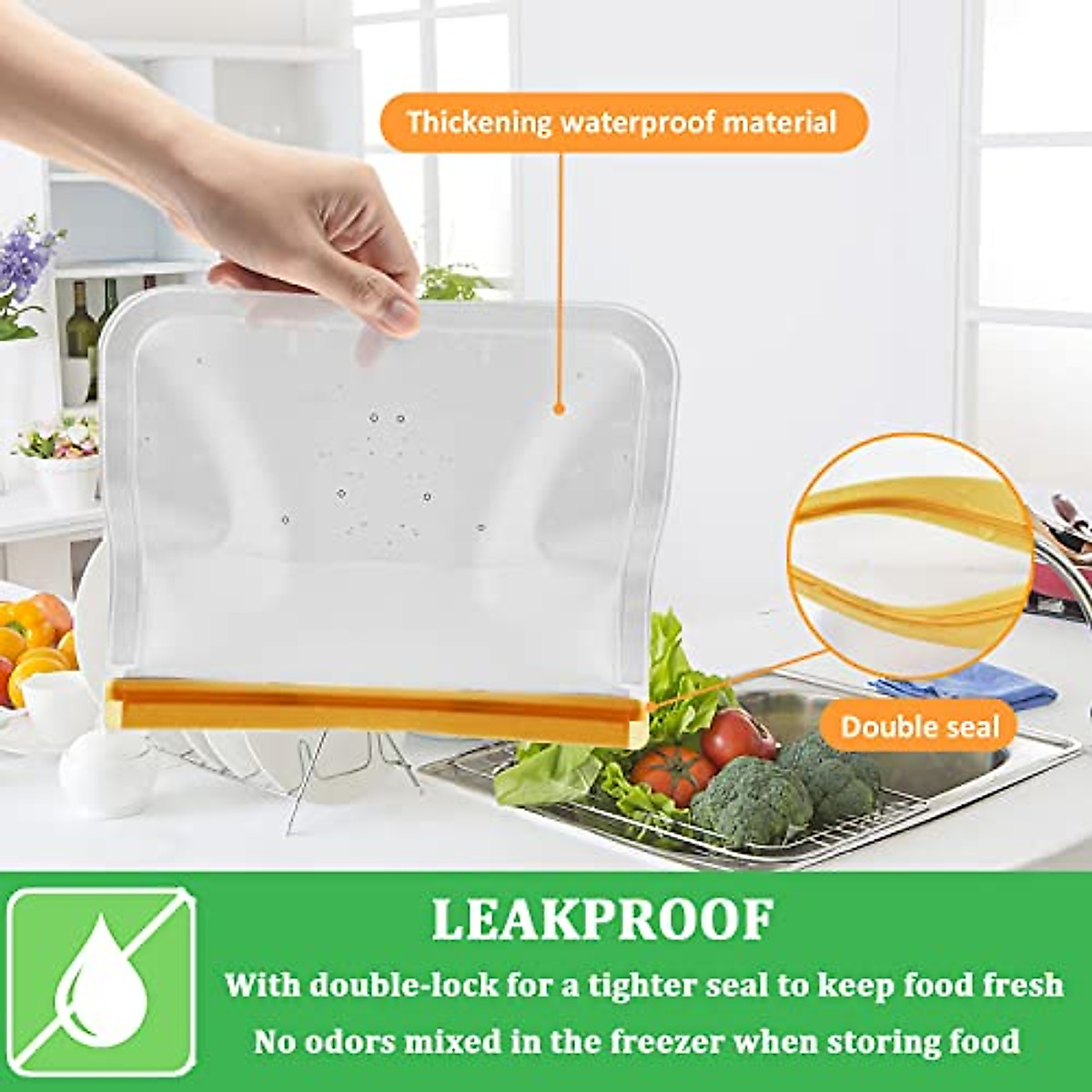 10PCS Food Storage Bags Silicone, Leakproof Reusable Storage Bags, Reusable Snack Bags Silicone for Home Food Storage, Kids School Lunch,Picnic and Travel