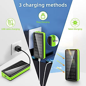 boogostore Portable Charger with Built in Cable and Wall Plug 30000mAh 22.5W Fast Charging Solar Power Bank with 5 Output & 2 Input Dual LED Flashlights Phone Holder External Battery Pack (Green)