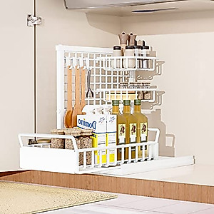 Under Sink Organizer,3-Tier Metal Pull Out Kitchen Cabinet Organizer Freely Adjustable，No Drilling Rustpro of Stainless Steel,Sturdy Multi-Functional for Kitchen Bathroom Organization (White)